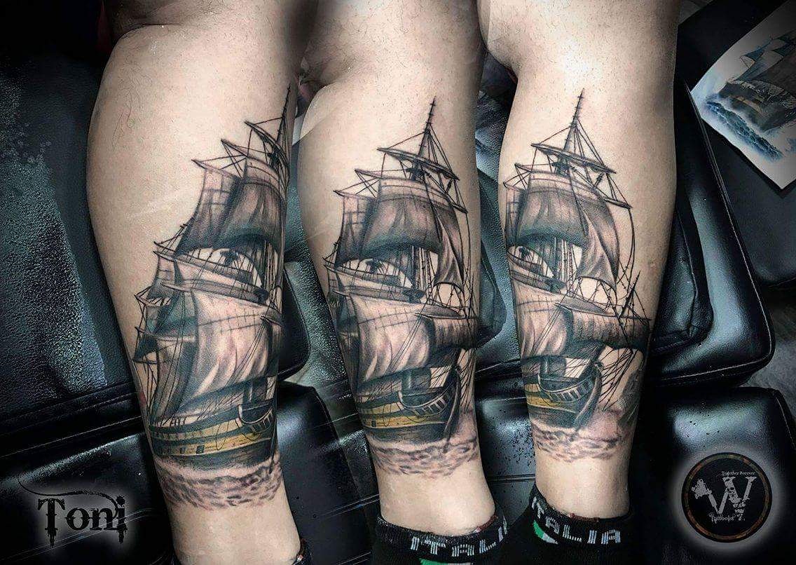 Pirate Ship Leg Tattoos