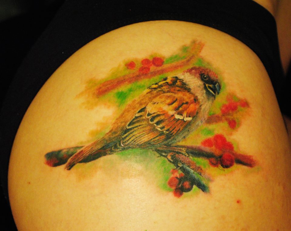 Colorful Bird Tattoos On Thigh