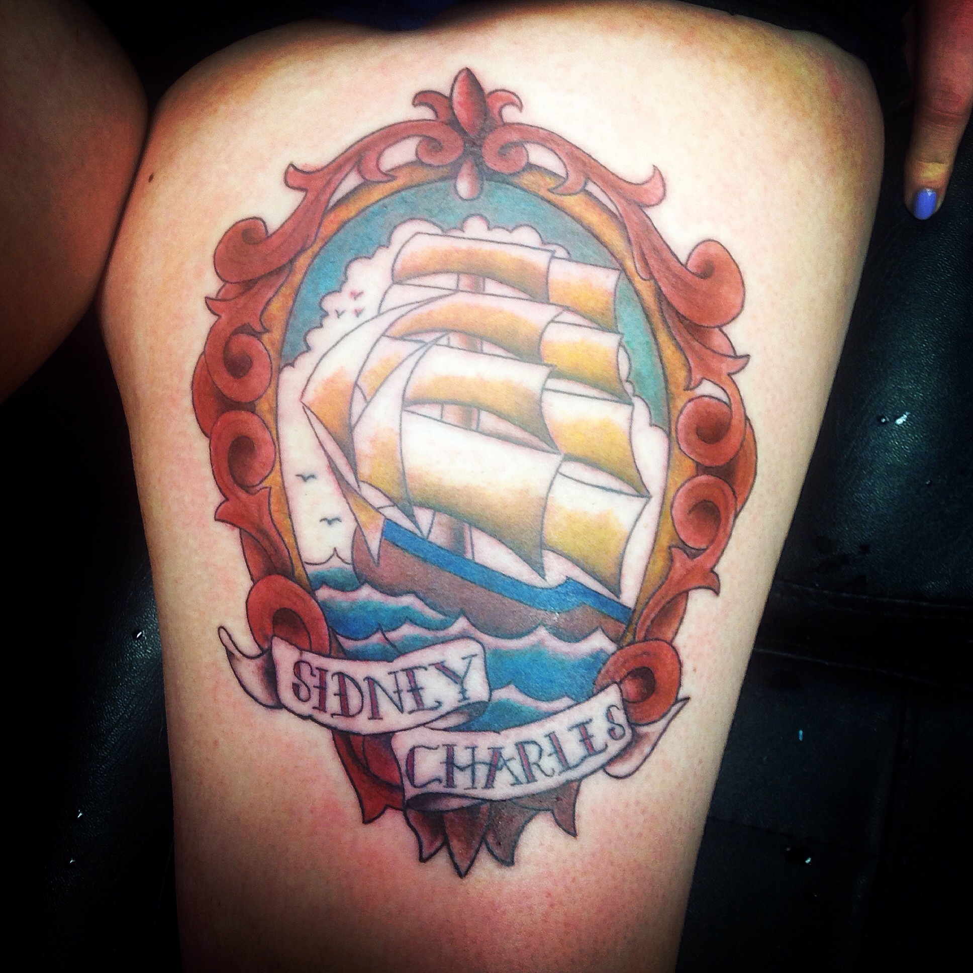 Traditional Ship Leg Tattoo